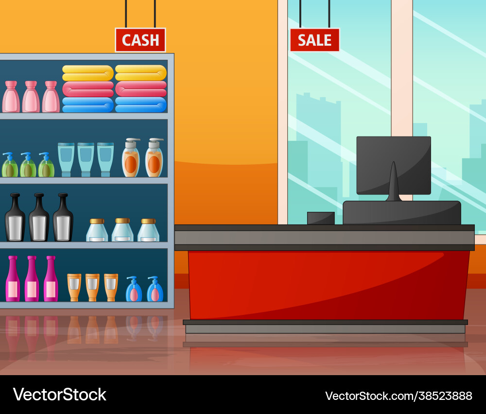Supermarket store interior with goods Royalty Free Vector