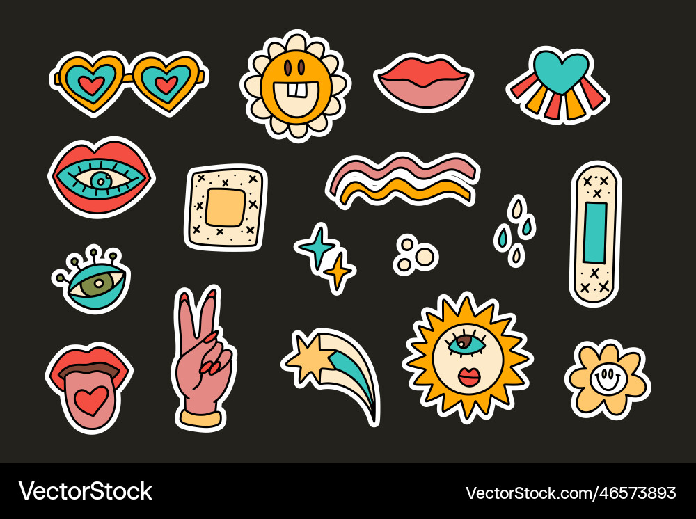 Groovy doodle cartoon funky sticker set Royalty Free Vector