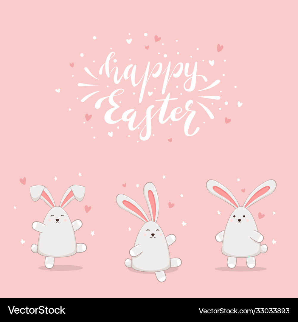 Rabbits on pink background and lettering happy Vector Image