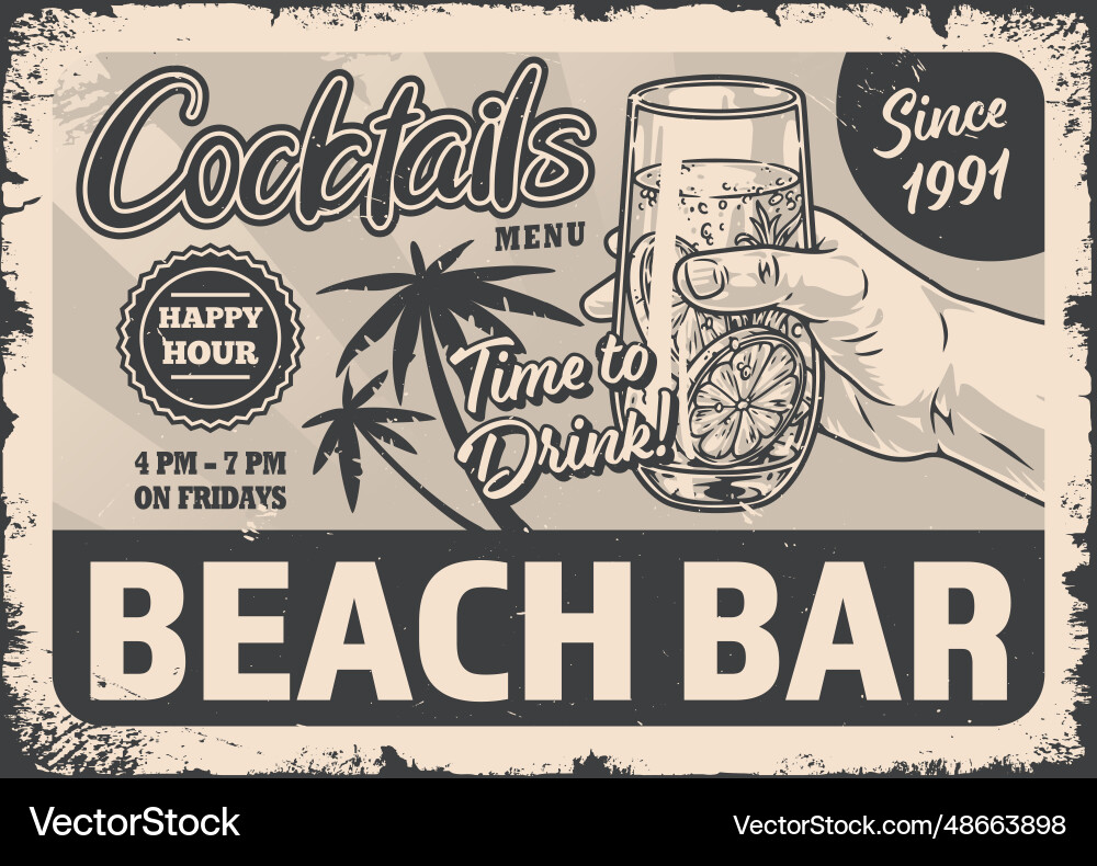 Beach bar monochrome vintage sticker Royalty Free Vector