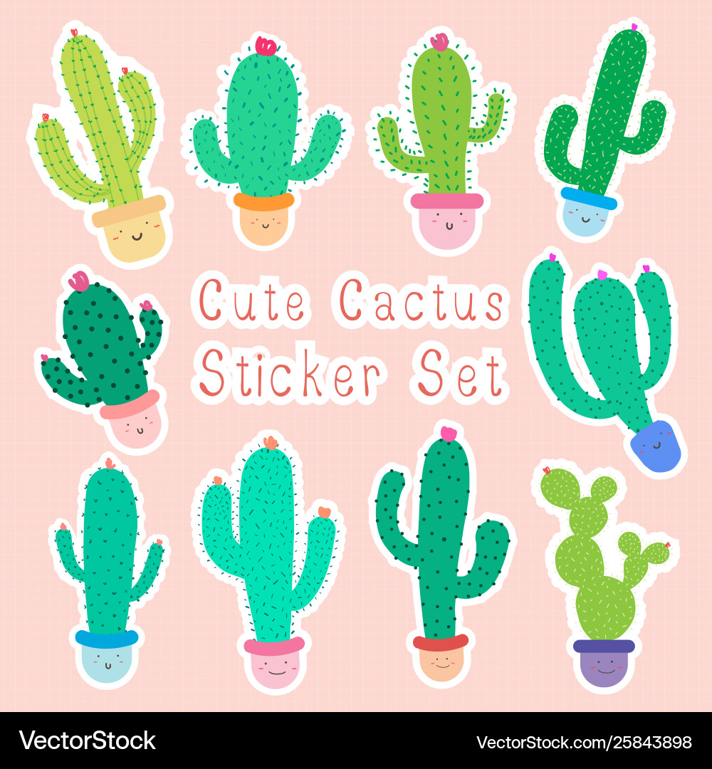 Set cute cartoon cactus stickers Royalty Free Vector Image