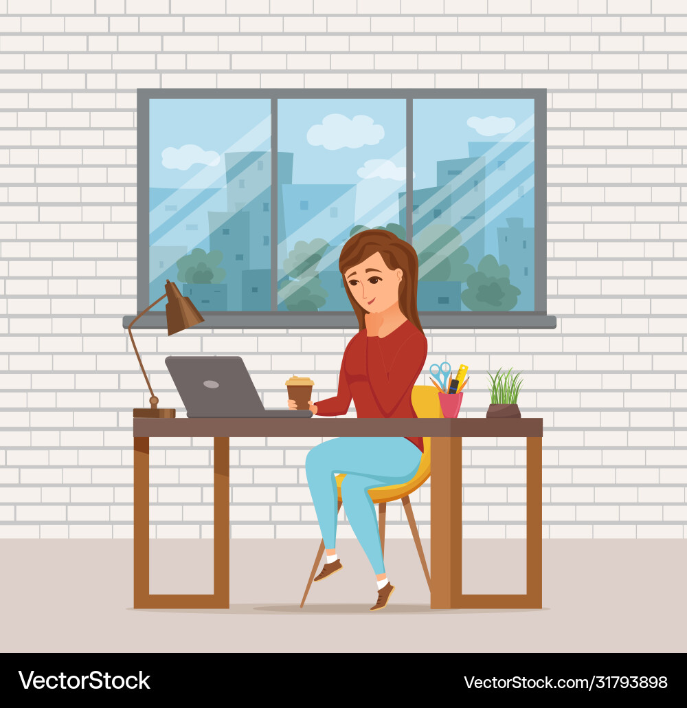 Woman working on computer colorful concept Vector Image