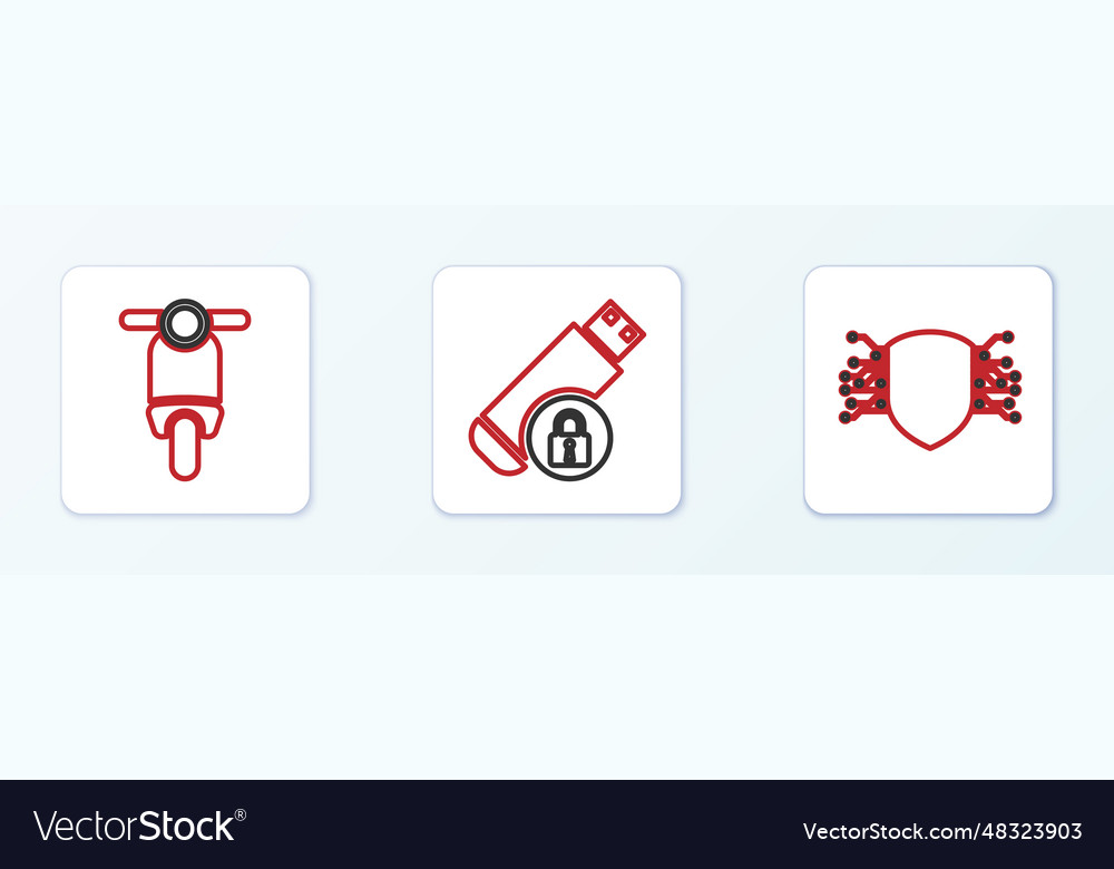 Set Line Cyber Security Scooter And Usb Flash Vector Image