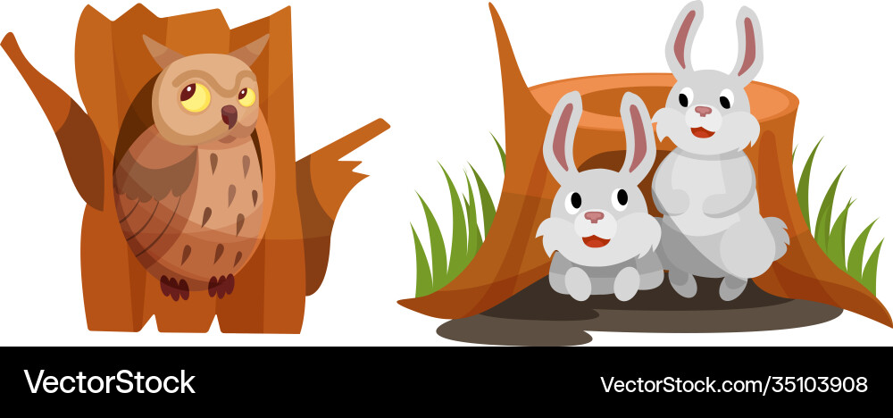 Cute forest animals peepped out from their burrows