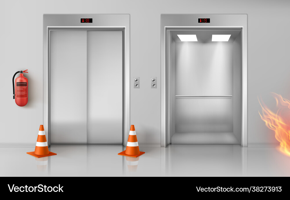 Fire in hallway elevator doors and extinguisher Vector Image