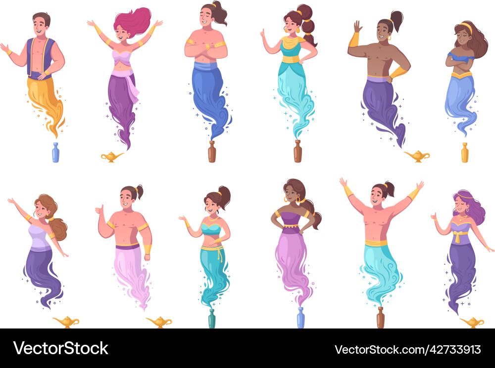 Genie characters icons set Royalty Free Vector Image