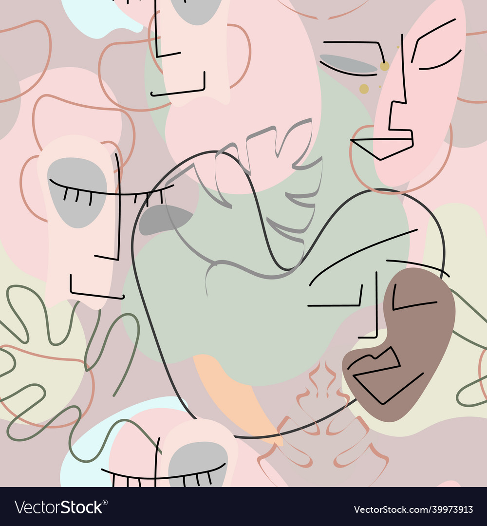 One Line Drawing Abstract Face Seamless Pattern Vector Image