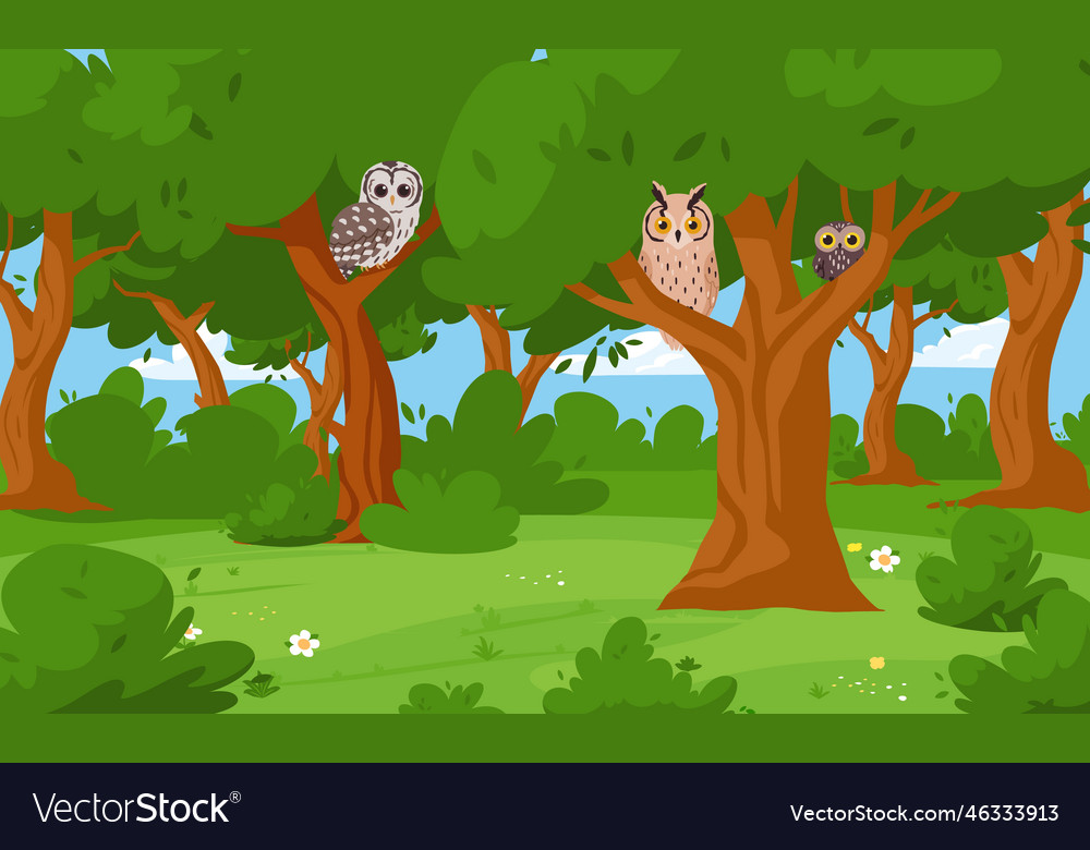 Summer forest with owls sitting on tree branches Vector Image
