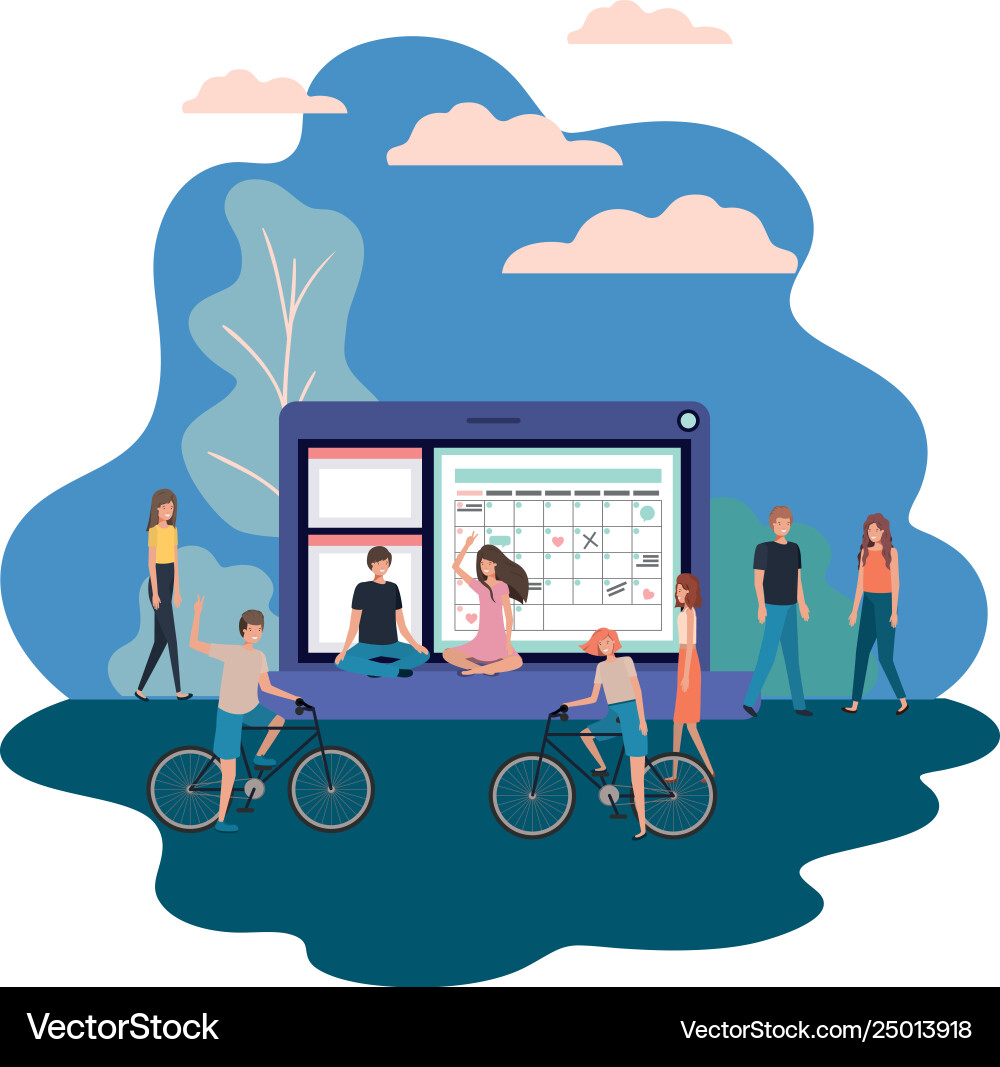 Laptop with people around avatar character Vector Image