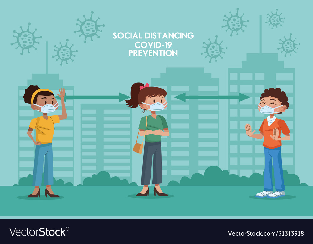 People using face masks and practicing social Vector Image