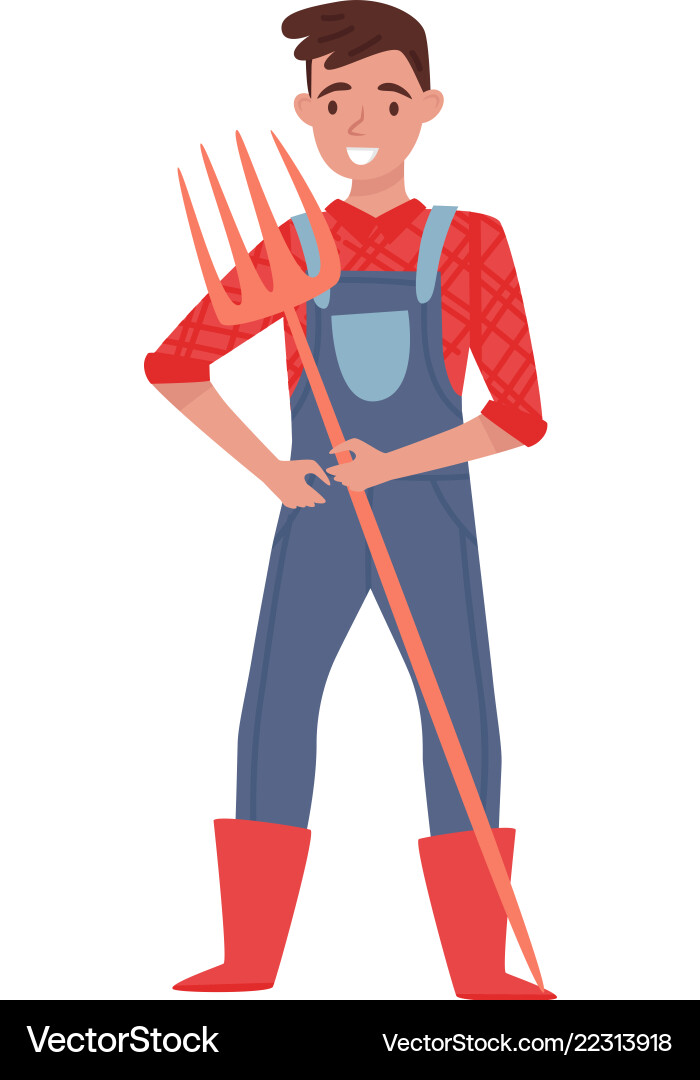 Smiling farmer standing and holding pitchfork in Vector Image
