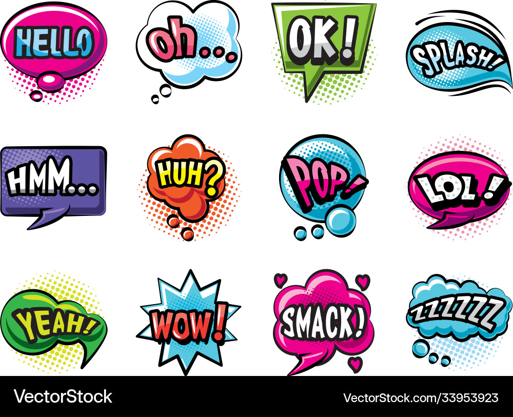 Pop art bubbles detailed style set icons Vector Image