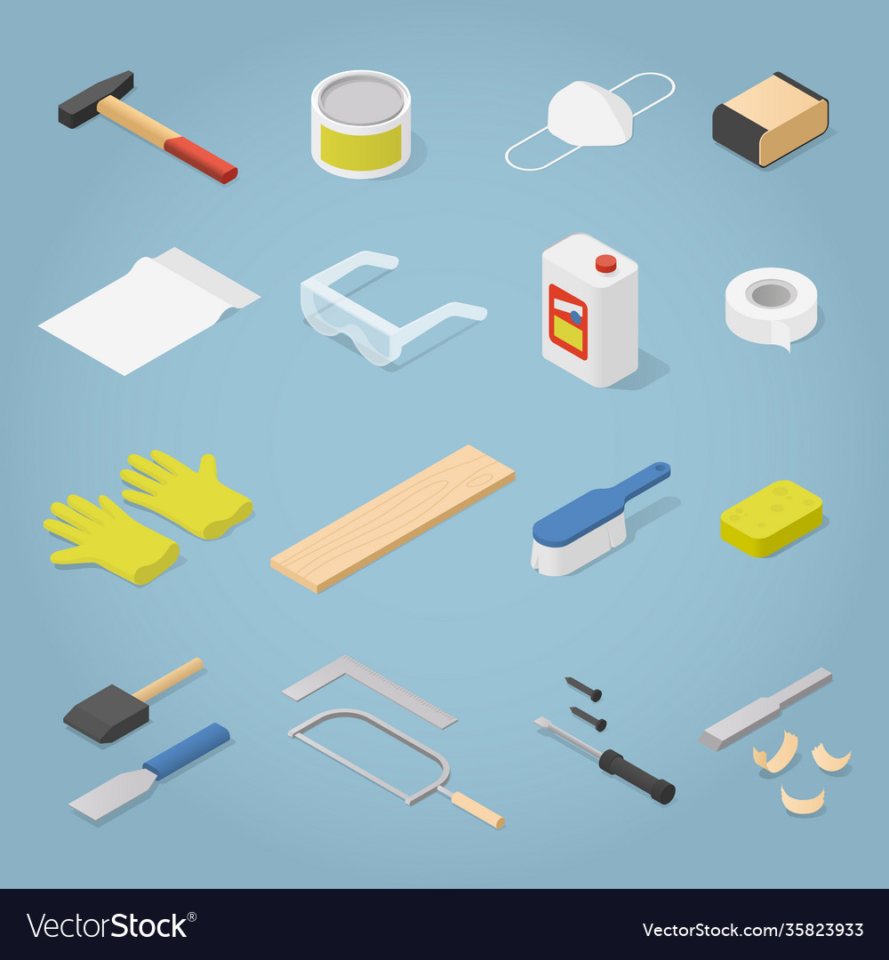 Isometric woodwork tools set Royalty Free Vector Image