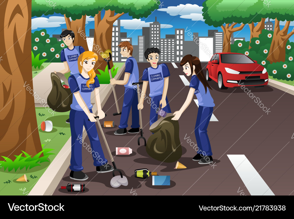 Kids volunteering cleaning up road Royalty Free Vector Image