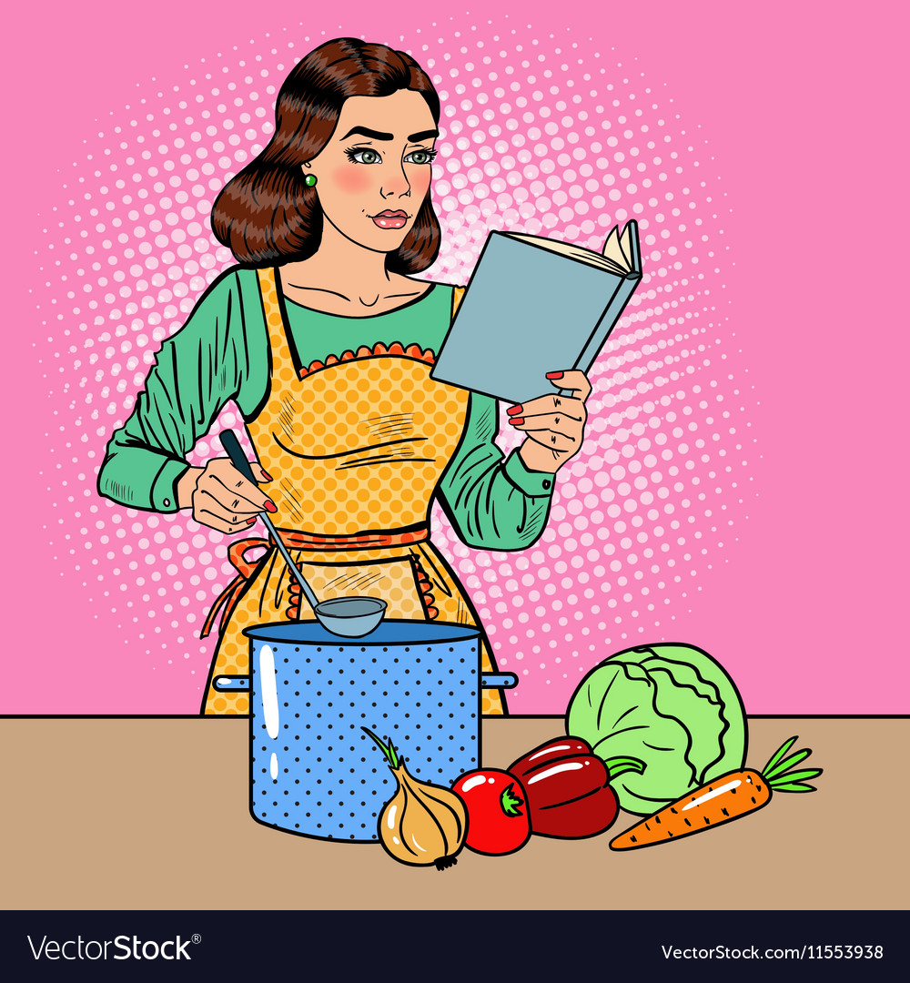 Pop Art Housewife Cooking Soup In Kitchen Vector Image