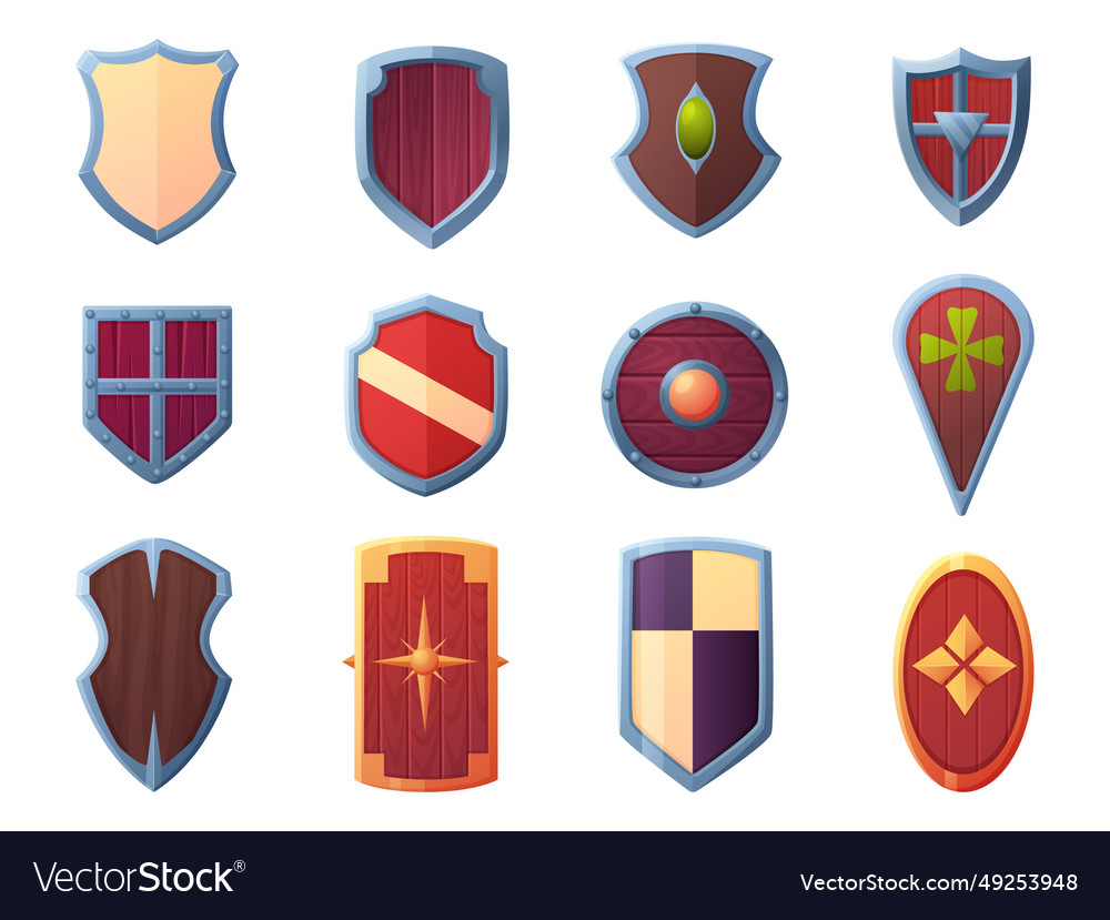 Cartoon shields isolated game shield elements Vector Image