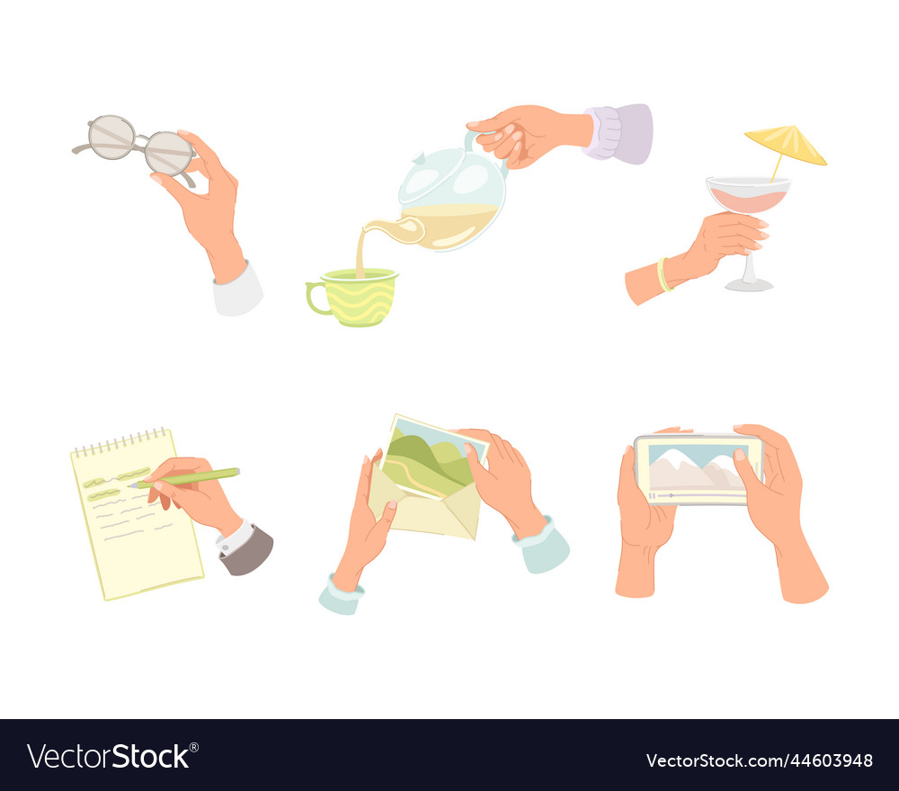 Hand holding different objects like glasses Vector Image