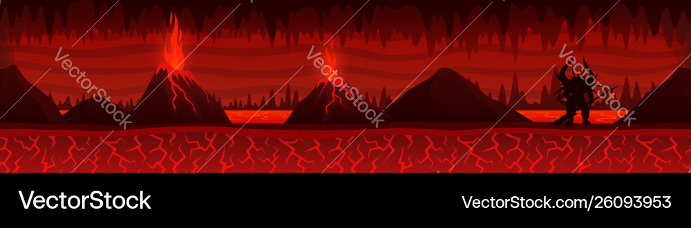 Burning hell landscape with volcanoes and demon Vector Image