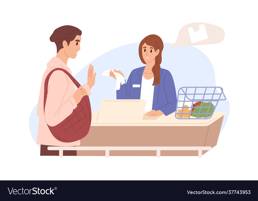 Customer with reusable bag refusing from Vector Image