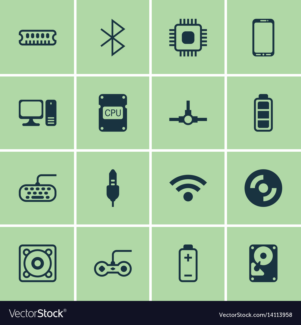 Set of 16 computer hardware icons includes aux Vector Image