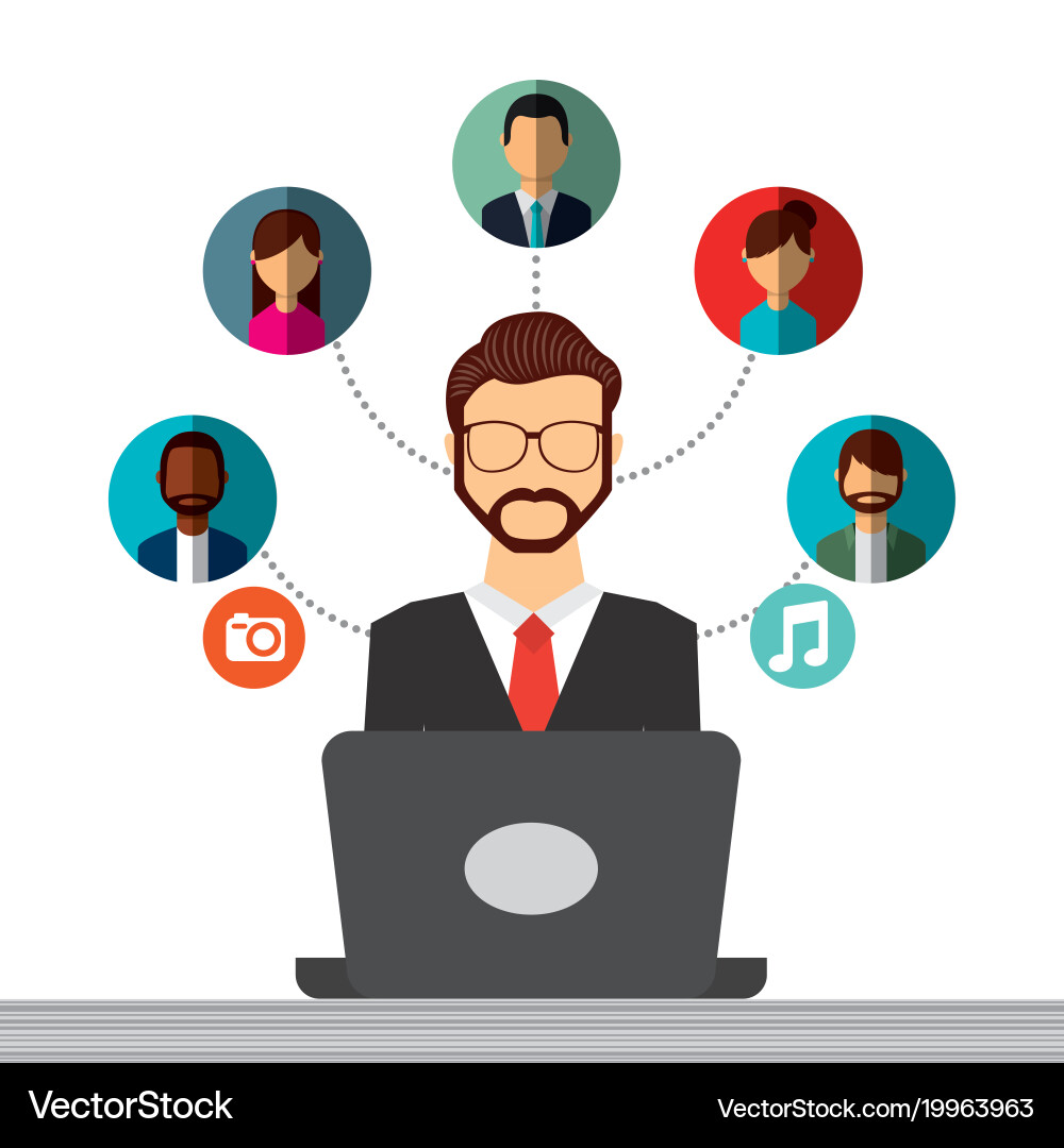 Businessman sitting with laptop nad different Vector Image