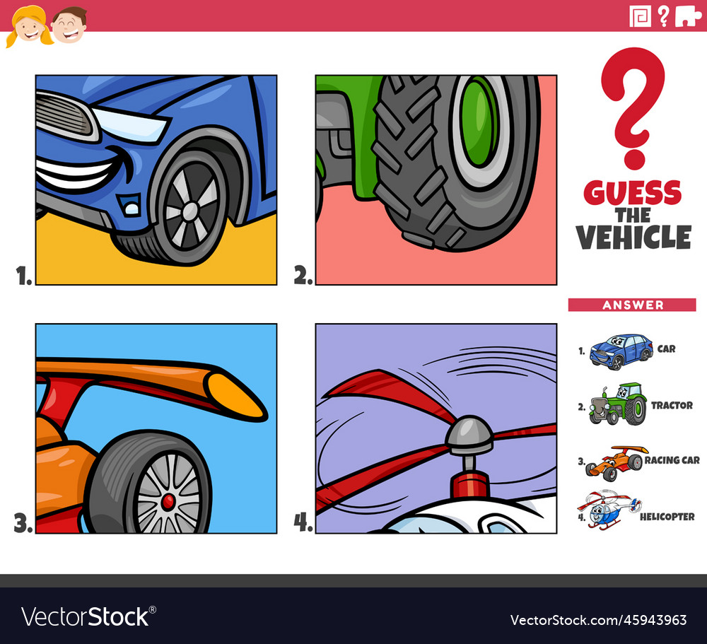 Guess the vehicle cartoon educational game for Vector Image