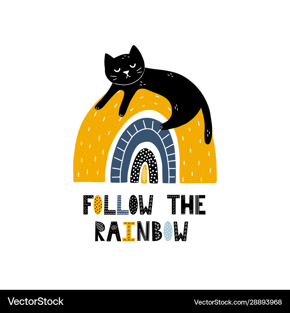 Follow rainbow card with a cute black cat Vector Image