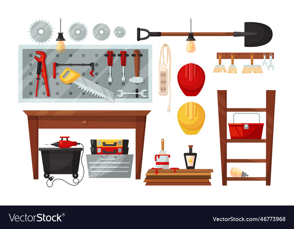 Garage or workshop furniture and tools Royalty Free Vector