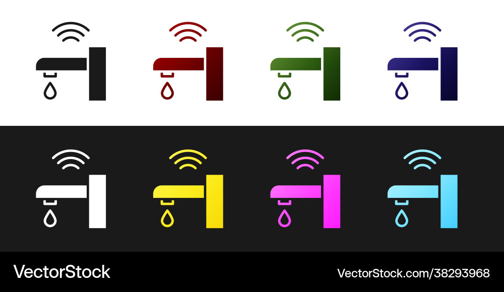 Set smart water tap system icon isolated on black Vector Image