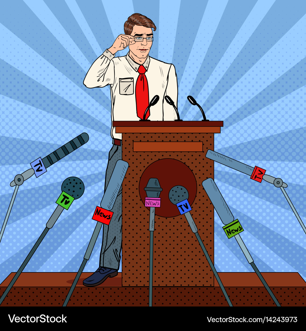 Pop art businessman giving press conference Vector Image
