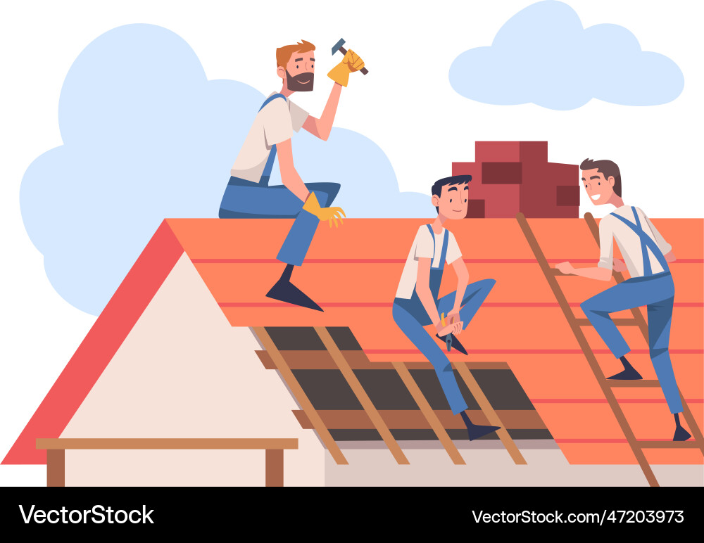 Roof repair with people construction workers Vector Image