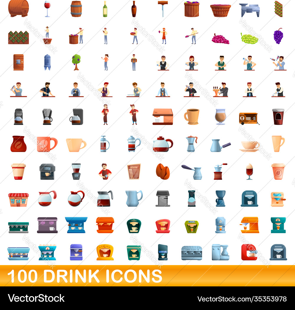 100 drink icons set cartoon style Royalty Free Vector Image