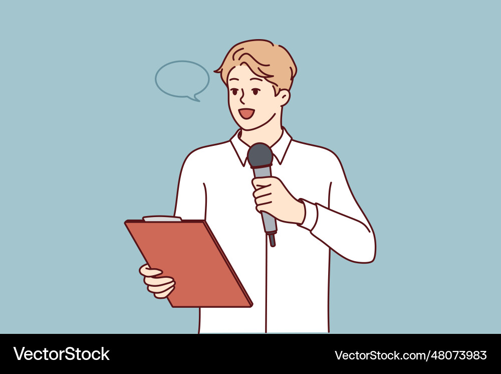Events emcee man holding microphone and clipboard Vector Image