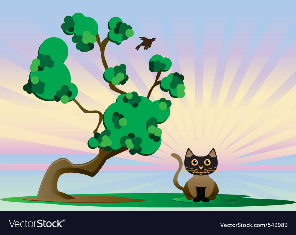 Kitten under the tree Royalty Free Vector Image