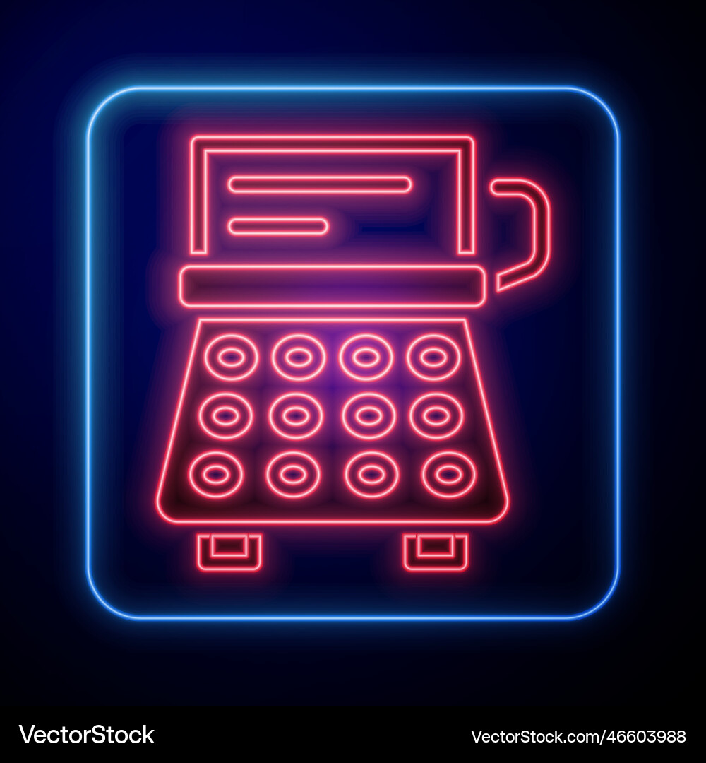 Glowing neon retro typewriter and paper sheet icon