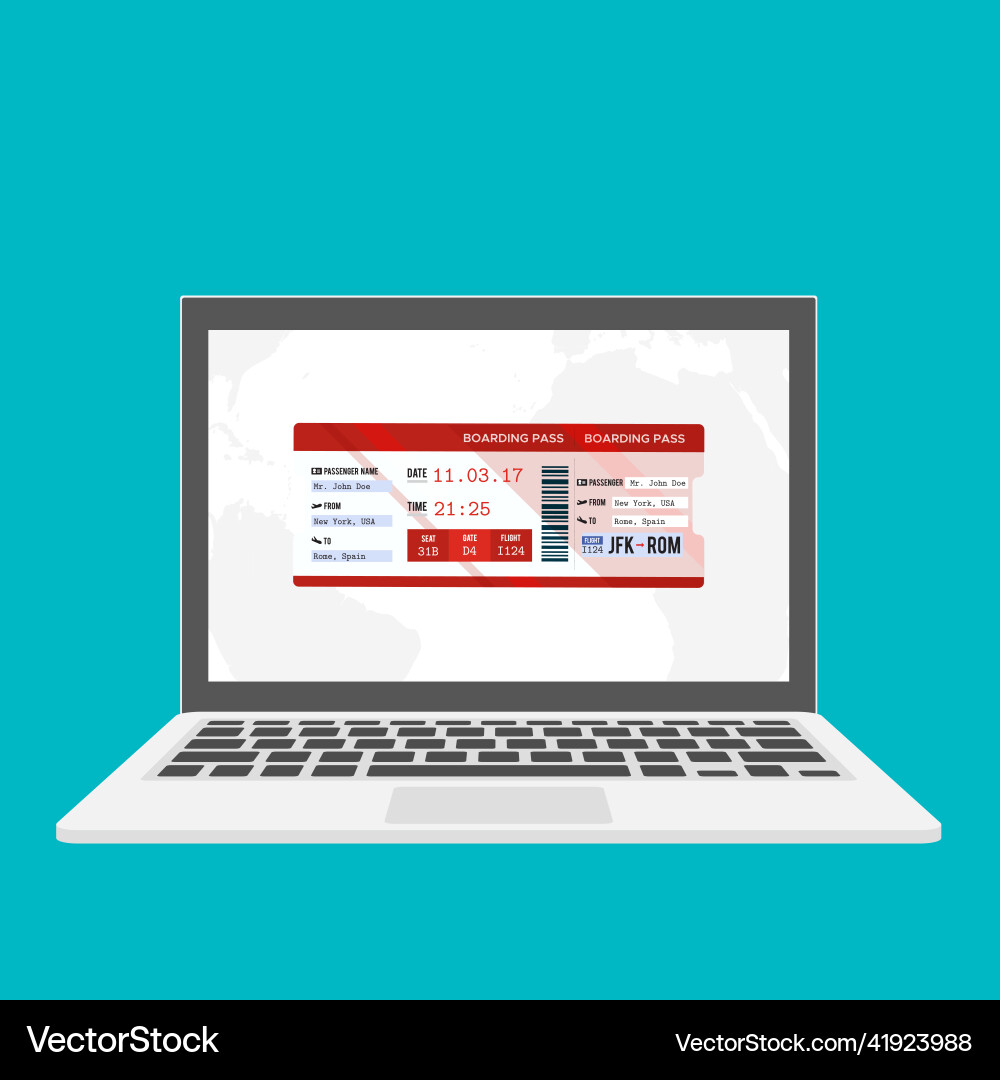 Laptop with electronic boarding pass airline Vector Image