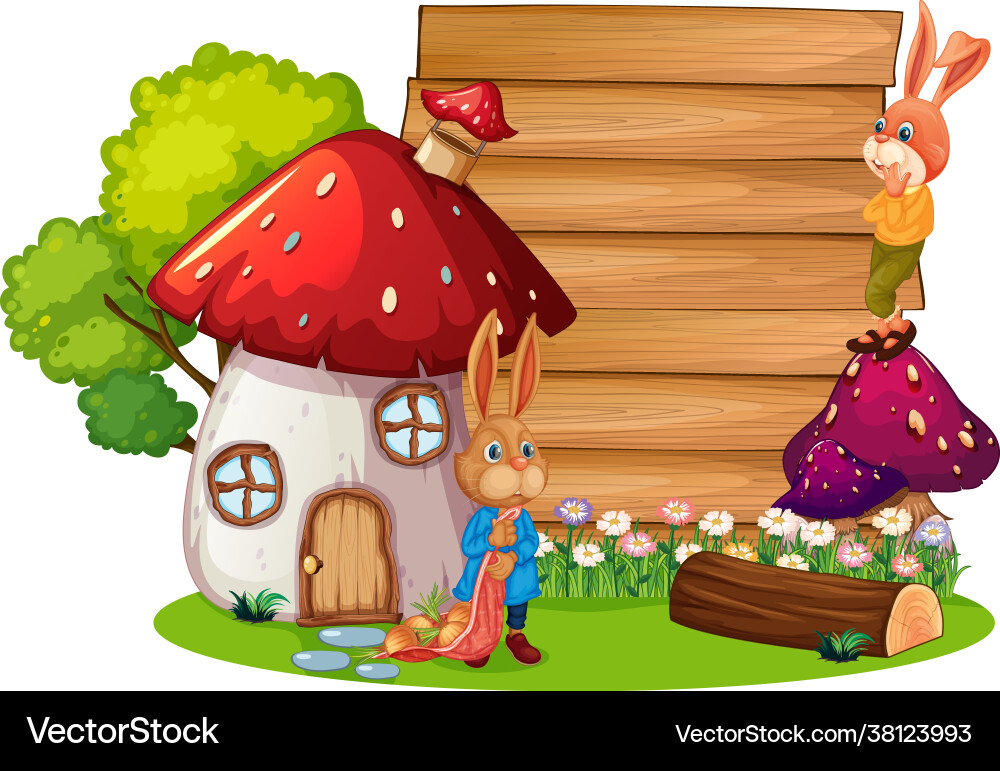 Blank banner in garden with two rabbits Royalty Free Vector
