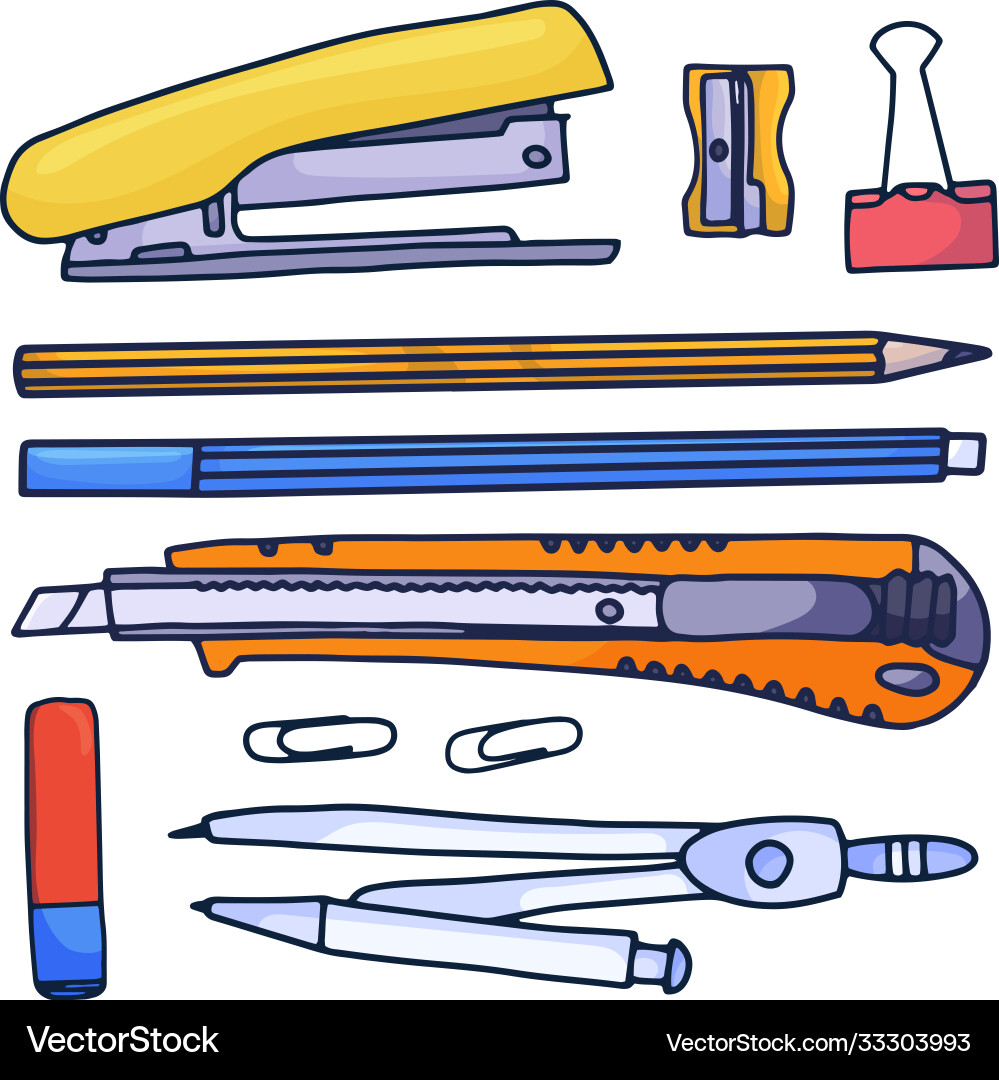 Hand drawn cartoon stationery set doodle set Vector Image