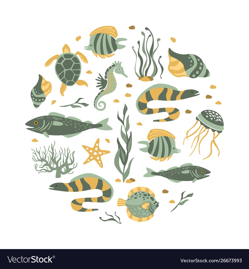 Sea creatures seamless pattern round shape Vector Image
