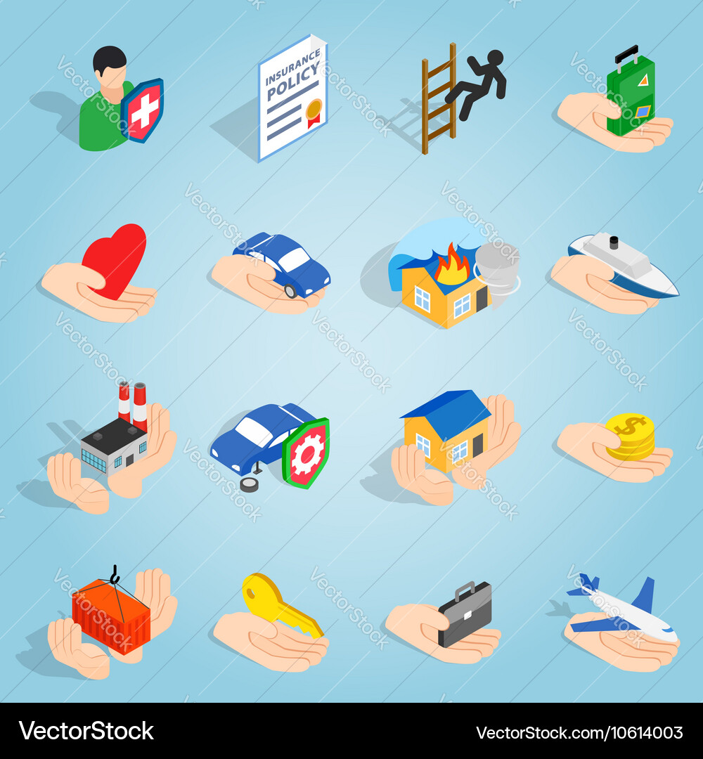 Insurance set icons isometric 3d style Royalty Free Vector