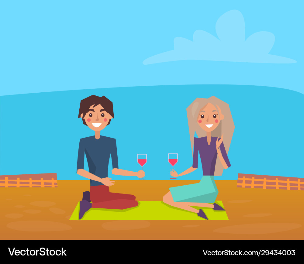 Loving couple having picnic drinking wine Vector Image