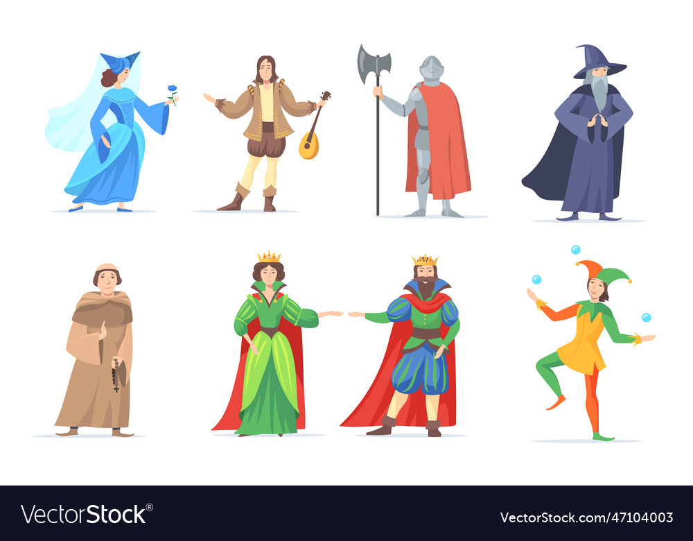Set of medieval cartoon characters in historical Vector Image