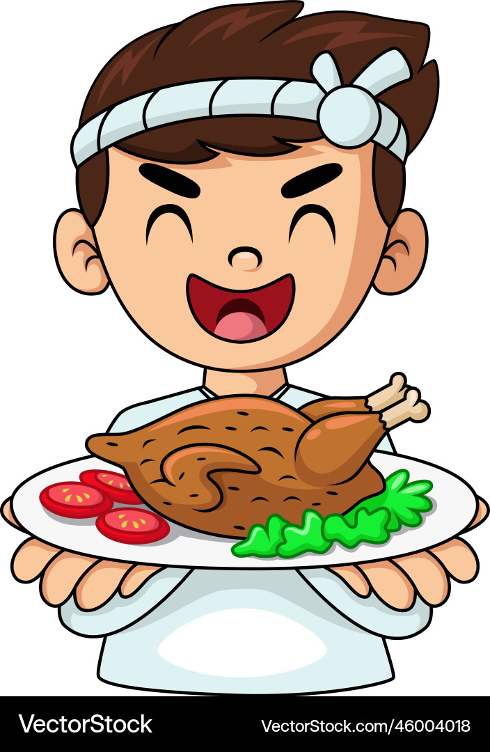 Cute boy showing roast chicken on dish Royalty Free Vector