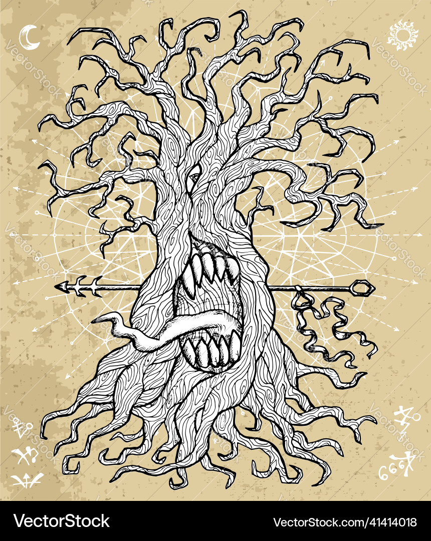 Mystic fantasy tree line art Royalty Free Vector Image