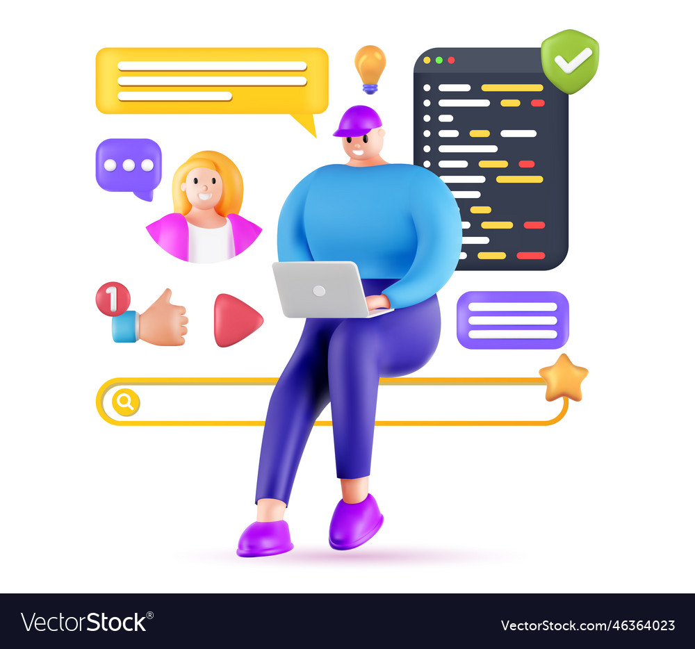 3d cartoon character with computer Royalty Free Vector Image