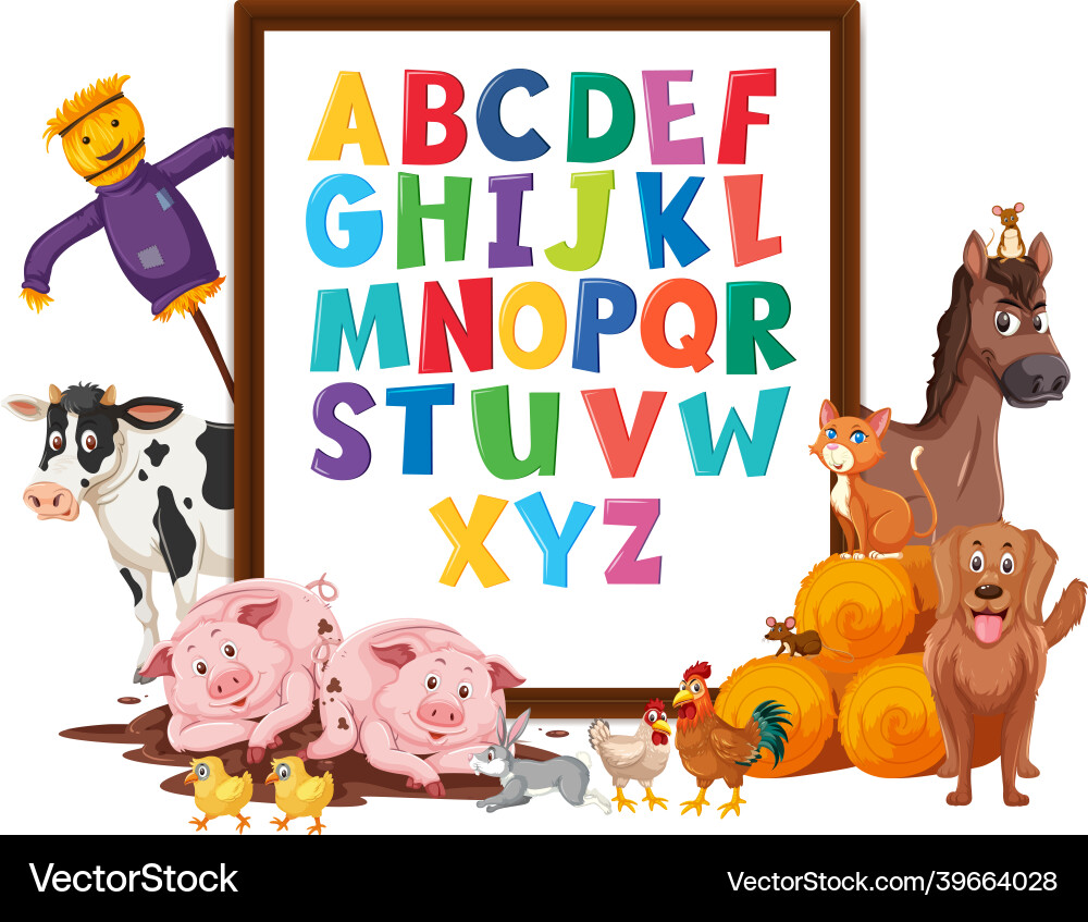 A-z alphabet board with farm animals Royalty Free Vector