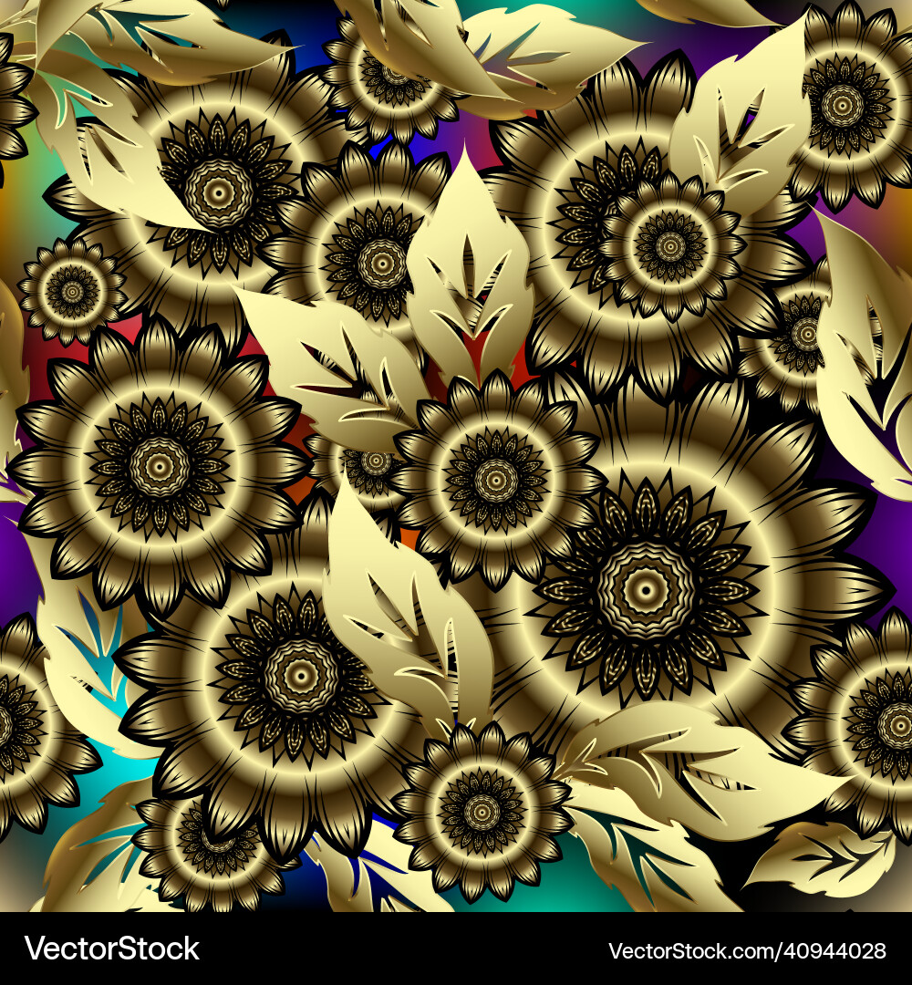 Gold 3d floral seamless pattern surface Royalty Free Vector