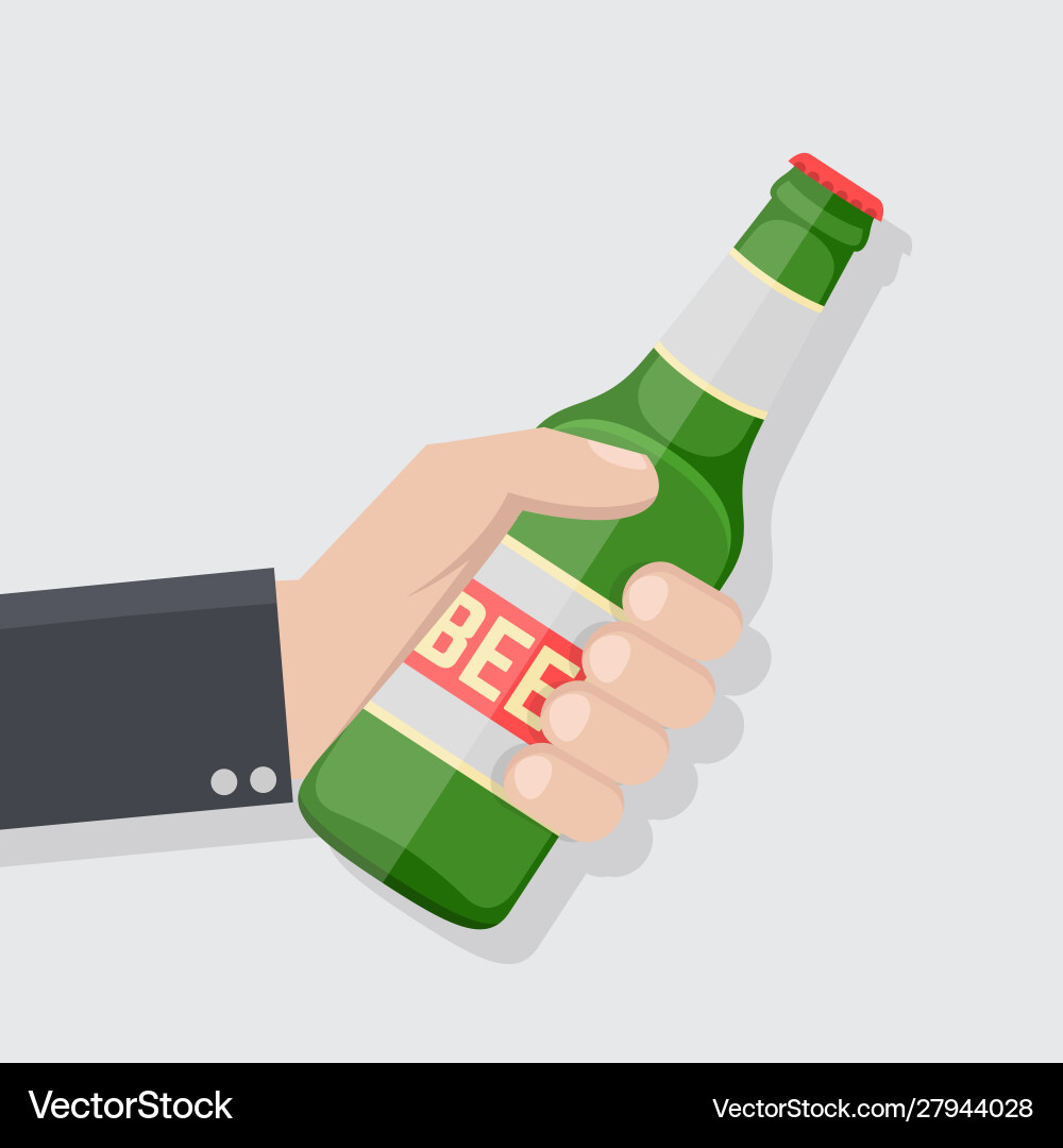 Hand holding bottle beer in flat style Royalty Free Vector