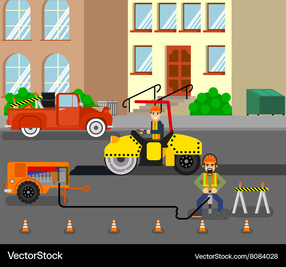 Workers repairing the road in working environment Vector Image
