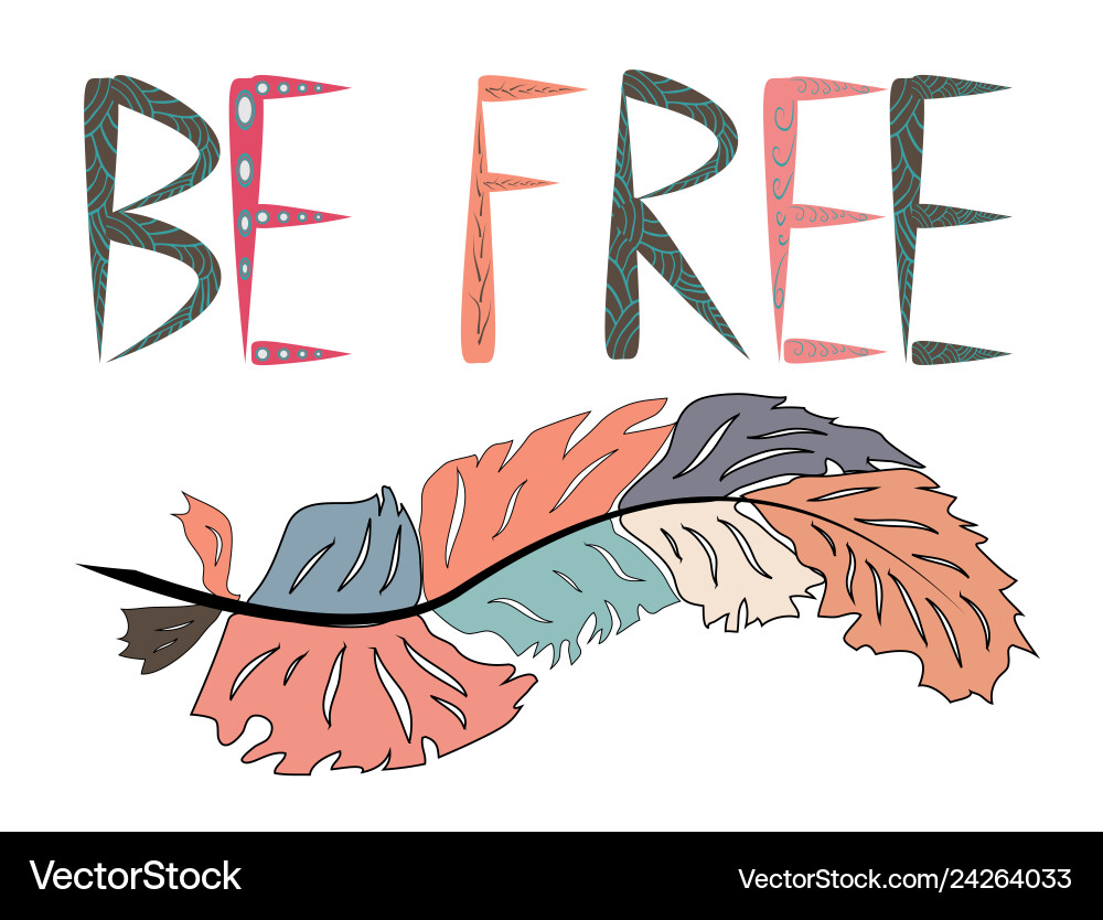 Be free boho art print with decorative feathers Vector Image